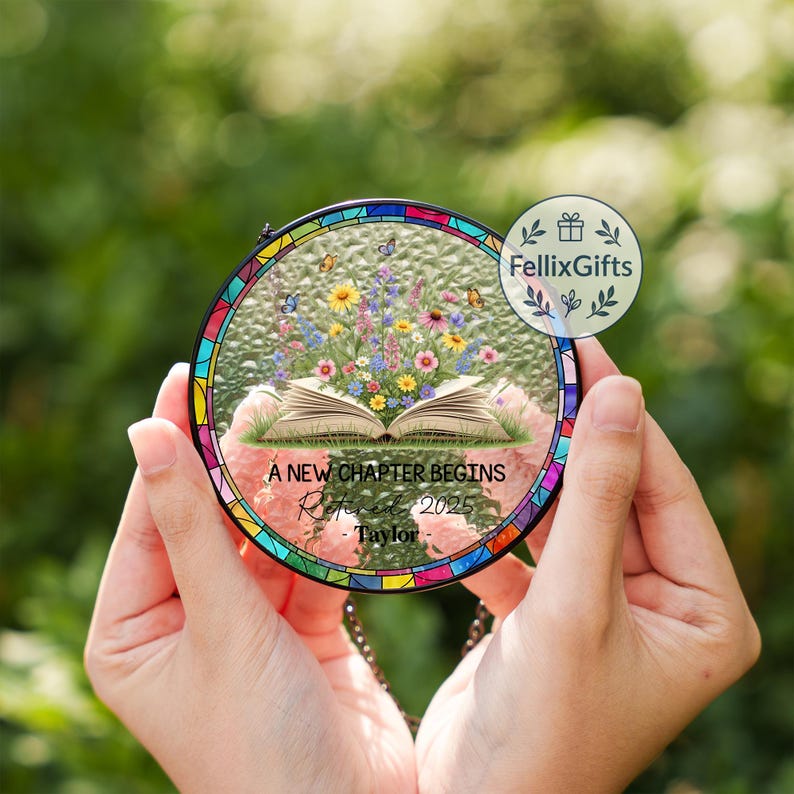 Personalized Retirement Suncatcher, Floral Book A New Chapter Begins ...