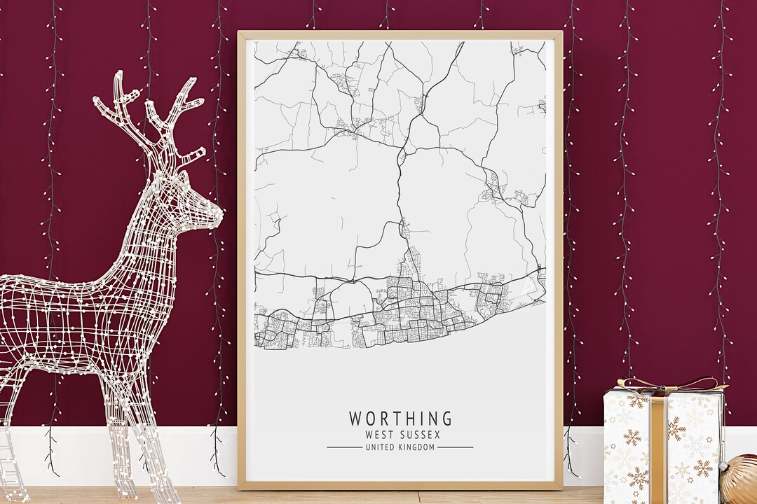 WORTHING Map Print, High Res Map of Worthing, West Sussex, Minimalist ...