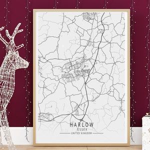 HARLOW Map Print, High Res Map of Harlow, Essex, Minimalist UK City ...