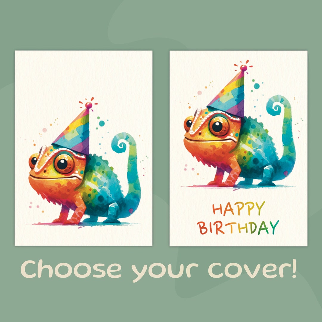Happy Chameleon Birthday Card Blank Inside Cute Reptile Lizard Rainbow ...