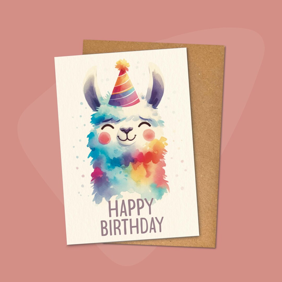 Llama Birthday Card Happy Colourful Alpaca Handmade Greetings for Mum ...