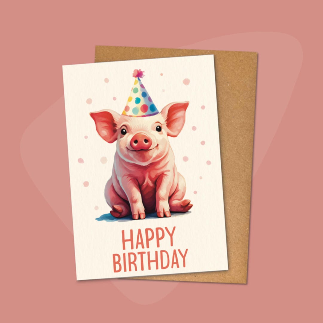 Pig Birthday Card | Happy Colourful Piglet | Handmade Greetings for ...