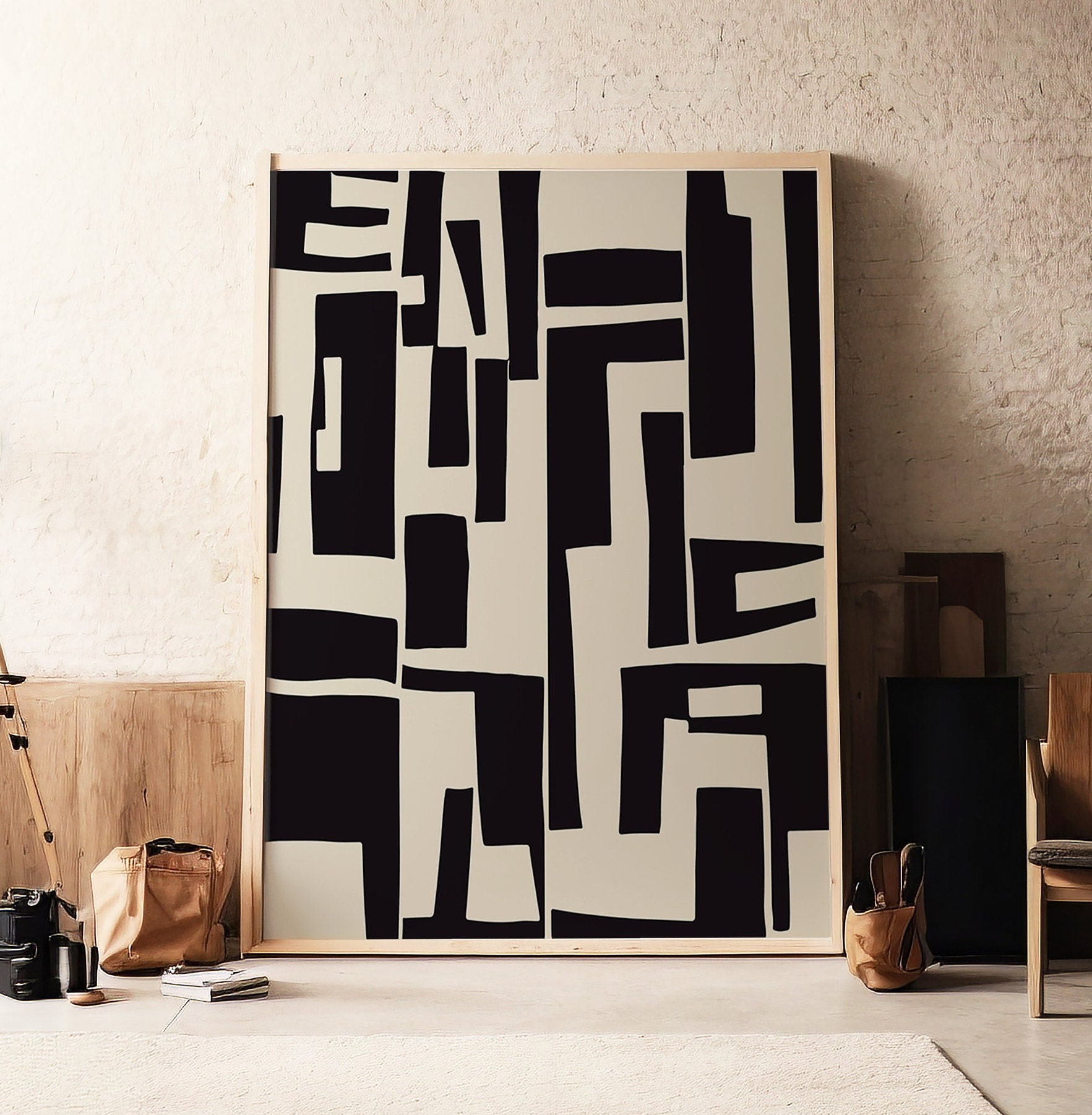 Modern Abstract Art, Beige Black Print, Abstract Letter Art, Mid ...