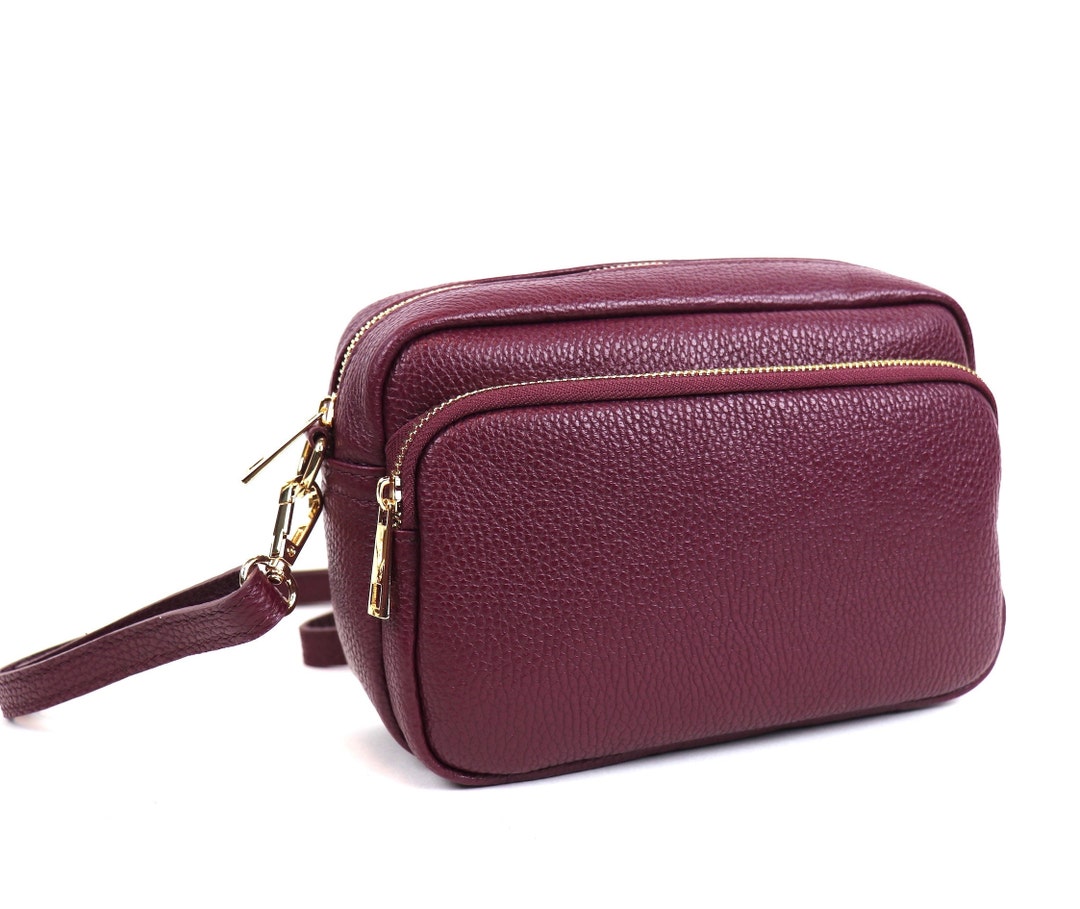 Berry Wine Double Zip Italian Leather Handbag With Detachable Straps ...