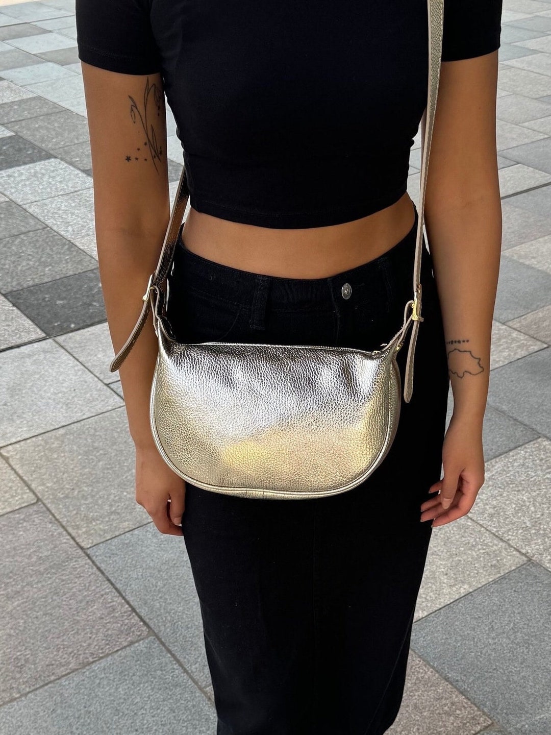 Half Moon Gold Metallic Genuine Leather Handbag With Detachable Straps ...