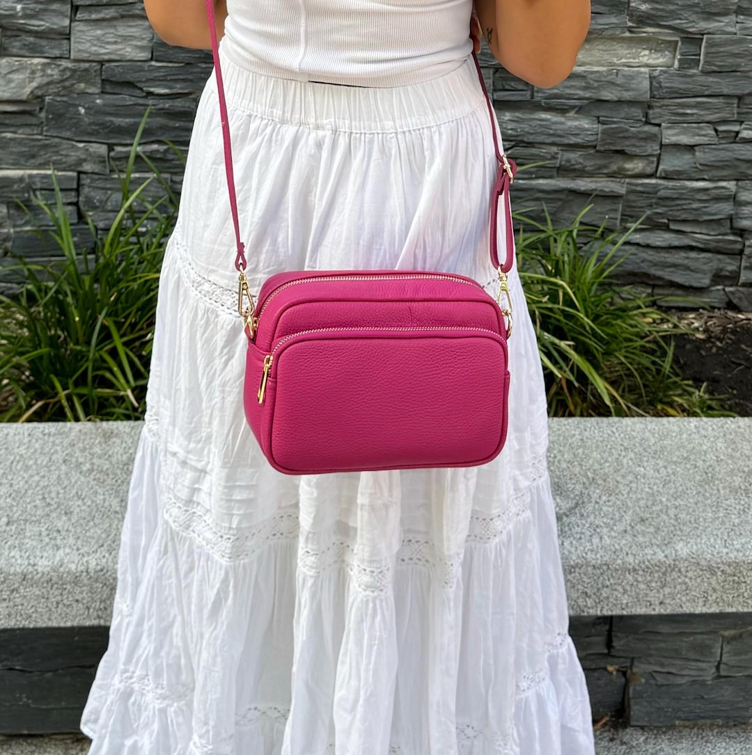 Fuchsia Pink Double Zip Italian Leather Handbag With Detachable Straps ...