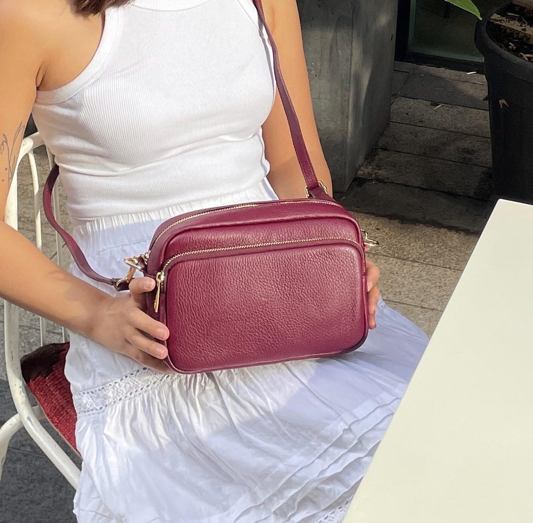 Berry Wine Double Zip Italian Leather Handbag With Detachable Straps ...