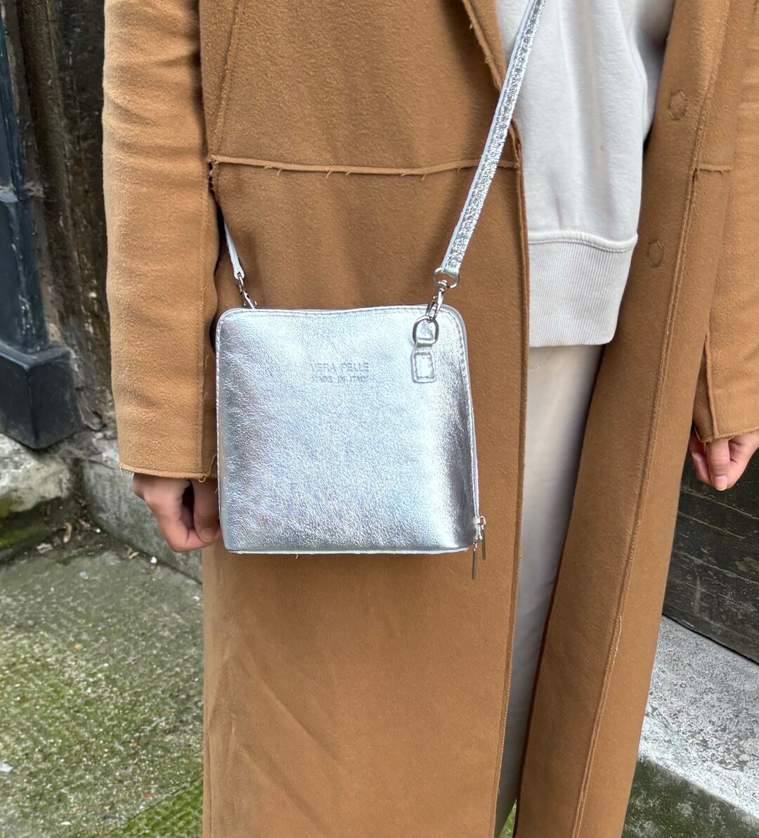 Ella Small Silver Italian Leather Crossbody Bag: Handmade Metallic ...
