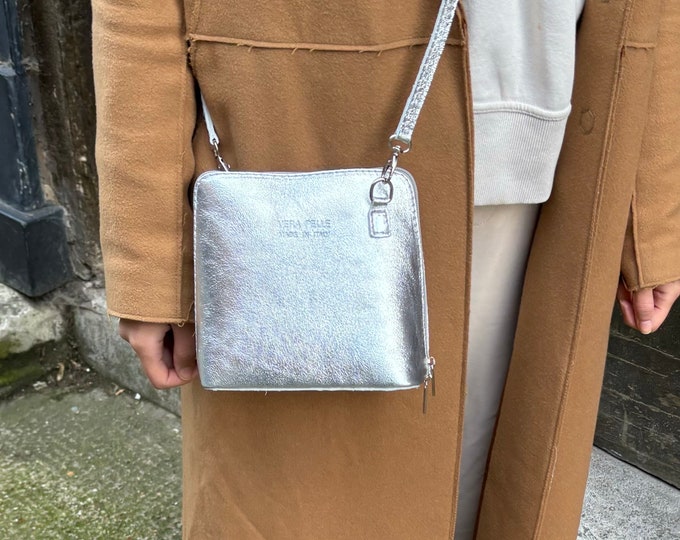 Metallic Silver Crossbody Bag, Lining Options, Zipper Pockets, Premium ...