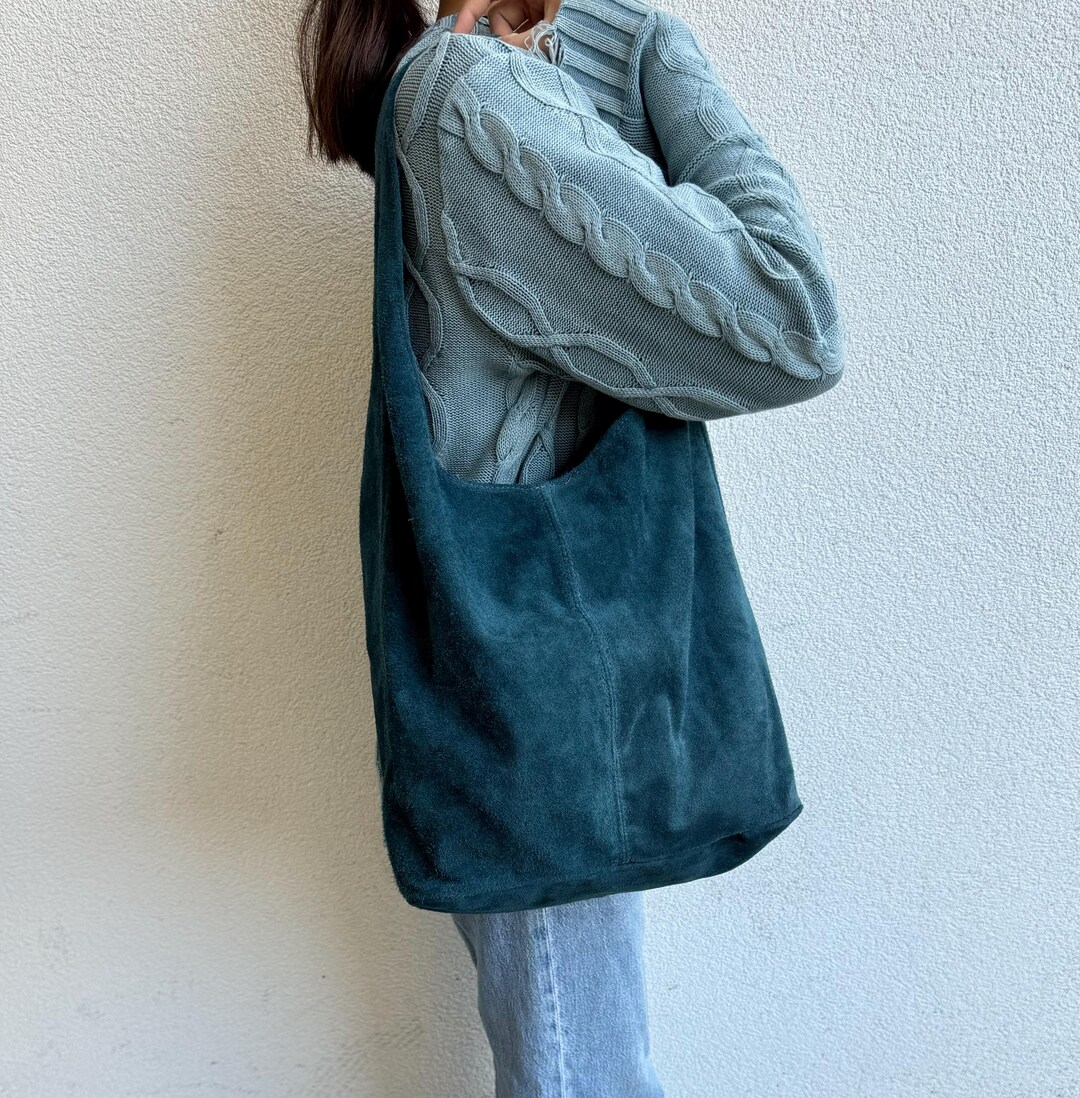 Cali Dark Teal Genuine Suede Tote Bag Everyday Practical Leather Hobo Bag Unisex Large Shoulder ...