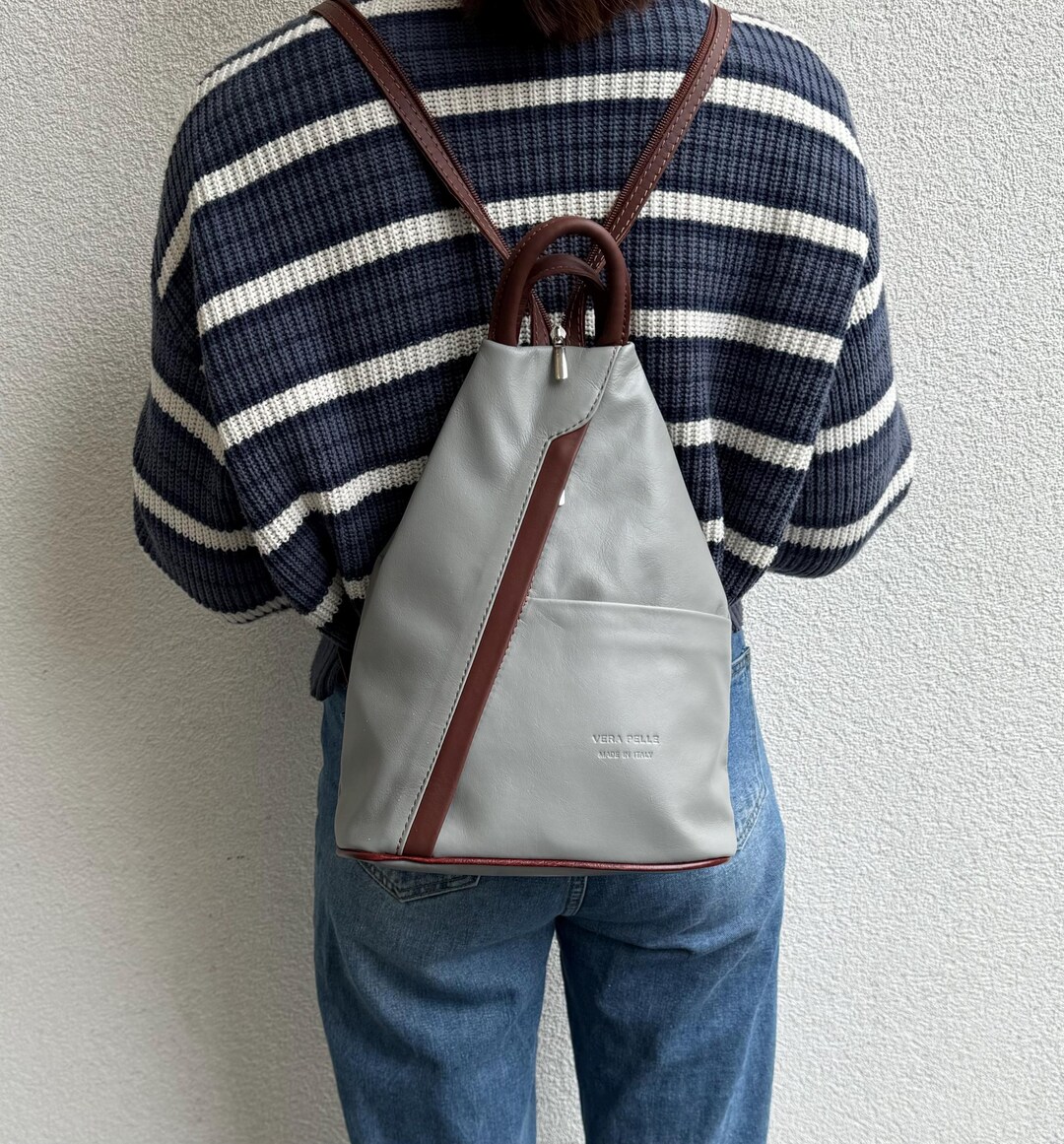 Light Grey and Tan Vera Pelle Italian Soft Leather Backpack Handcrafted ...