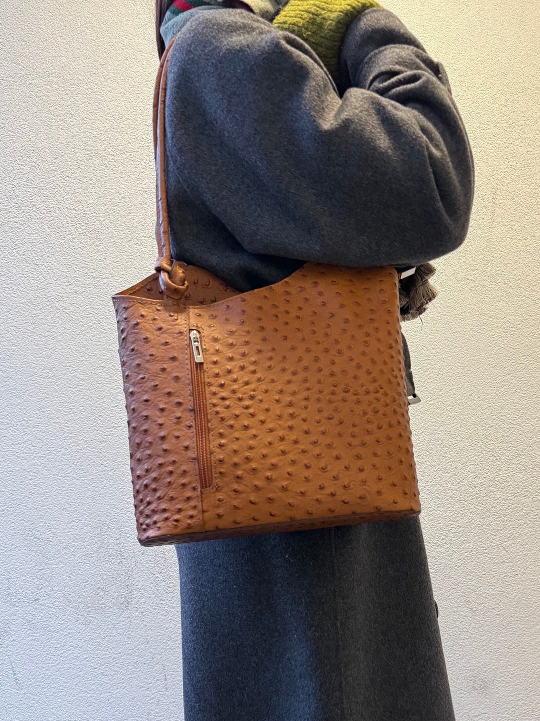 Tan Ostrich Style Italian Leather Convertible Handbag Genuine Leather ...