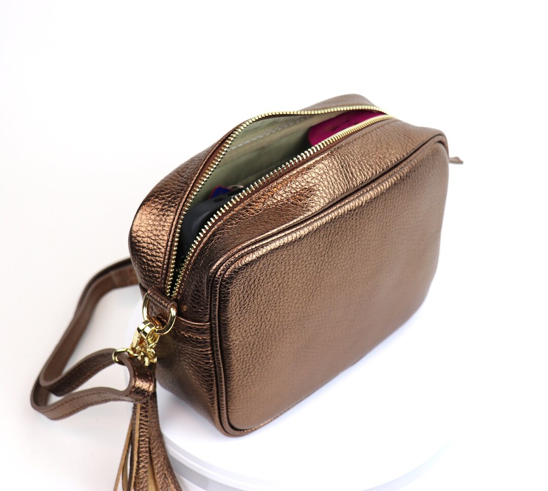 Bronze Genuine Italian Pebbled Leather Crossbody Bag Minimalist ...