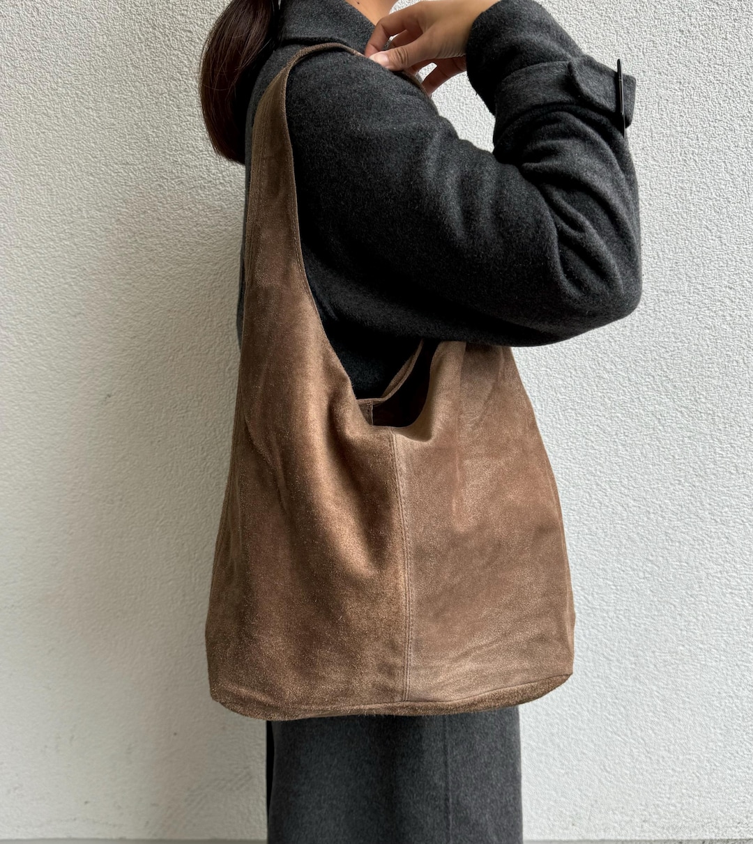 Cali Dark Taupe Genuine Suede Tote Bag Everyday Practical Leather Hobo ...