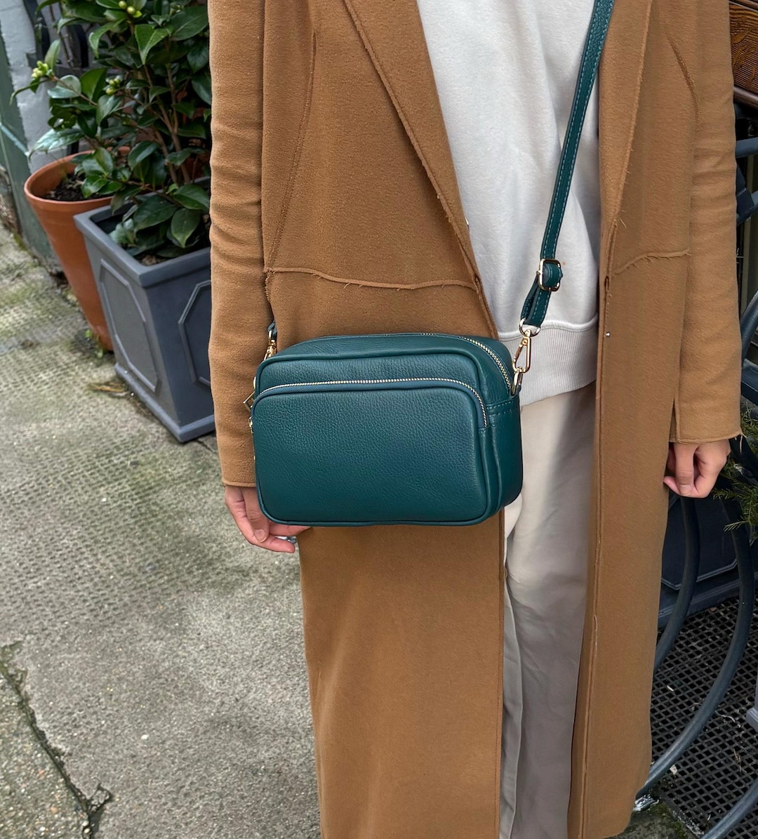 Dark Teal Double Zip Italian Leather Handbag With Detachable Straps ...