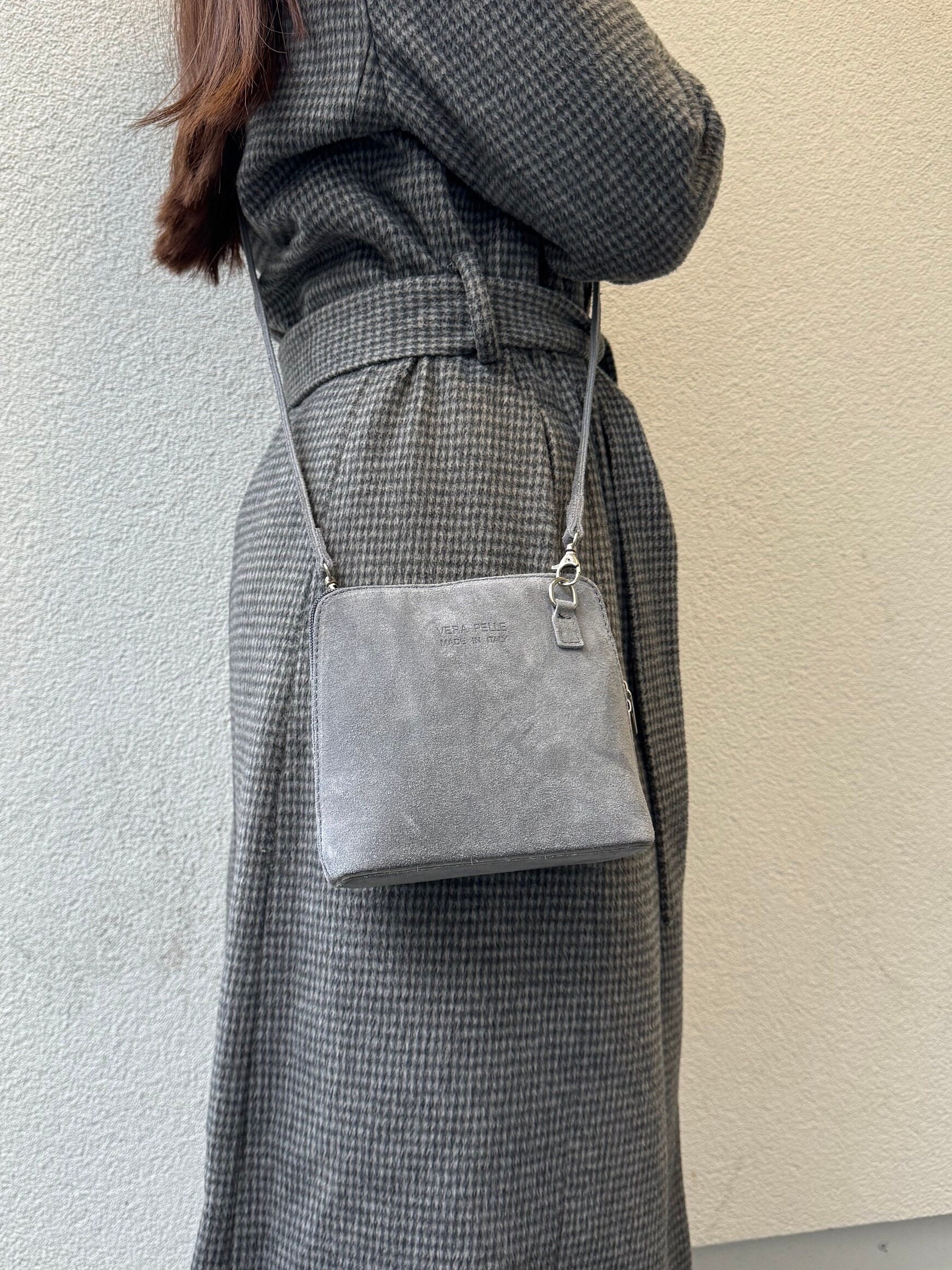 Small Grey Genuine Italian Suede Leather Handbag With Detachable Straps ...