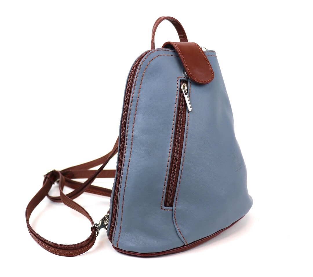 Small Denim and Tan Italian Soft Leather Backpack Handcrafted Genuine ...