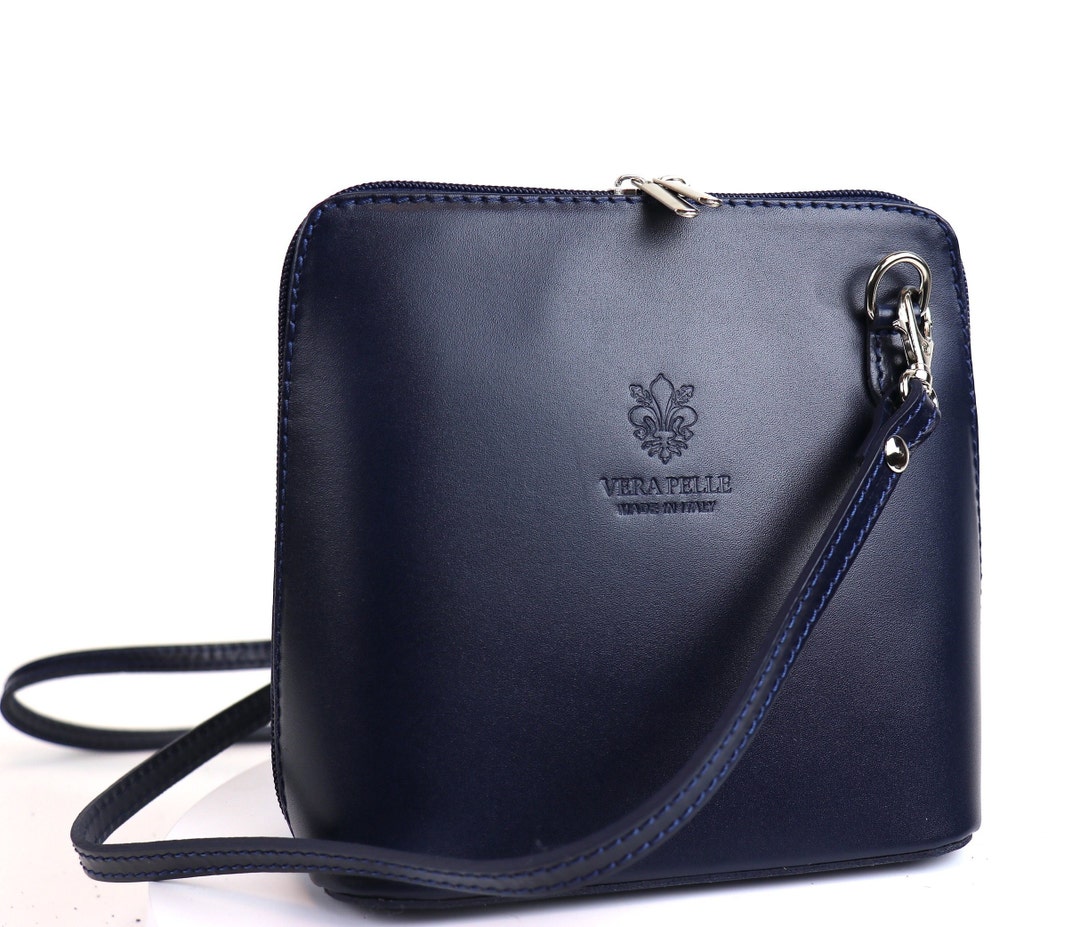 Small Navy Blue Italian Leather Handbag: Detachable Straps Crossbody ...