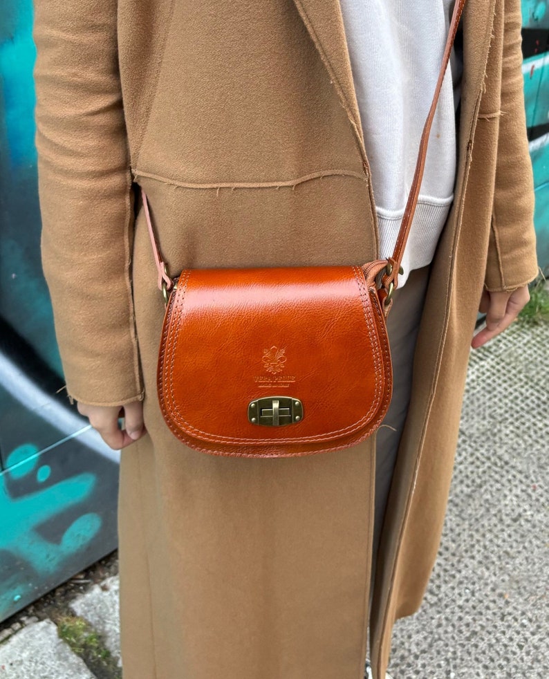 Small Tan Genuine Italian Leather Crossbody Bag Elegant Shoulder Bag ...