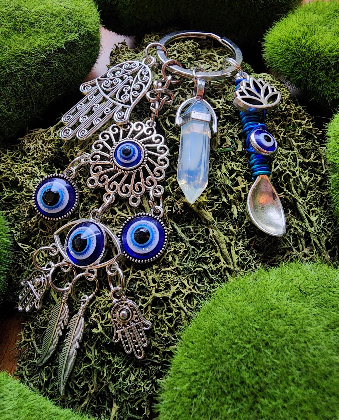 Mini Wire Wrapped Evil Eye Spoon Keychain, Hamsa, Dreamcatcher, Crystal ...