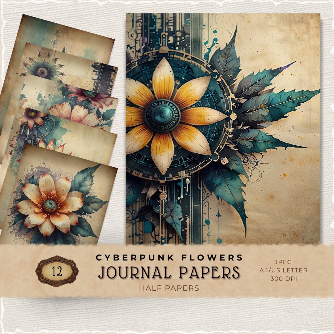 Cyberpunk Floral Digital Papers, Junk Journal Pages, Post Apocalyptic ...