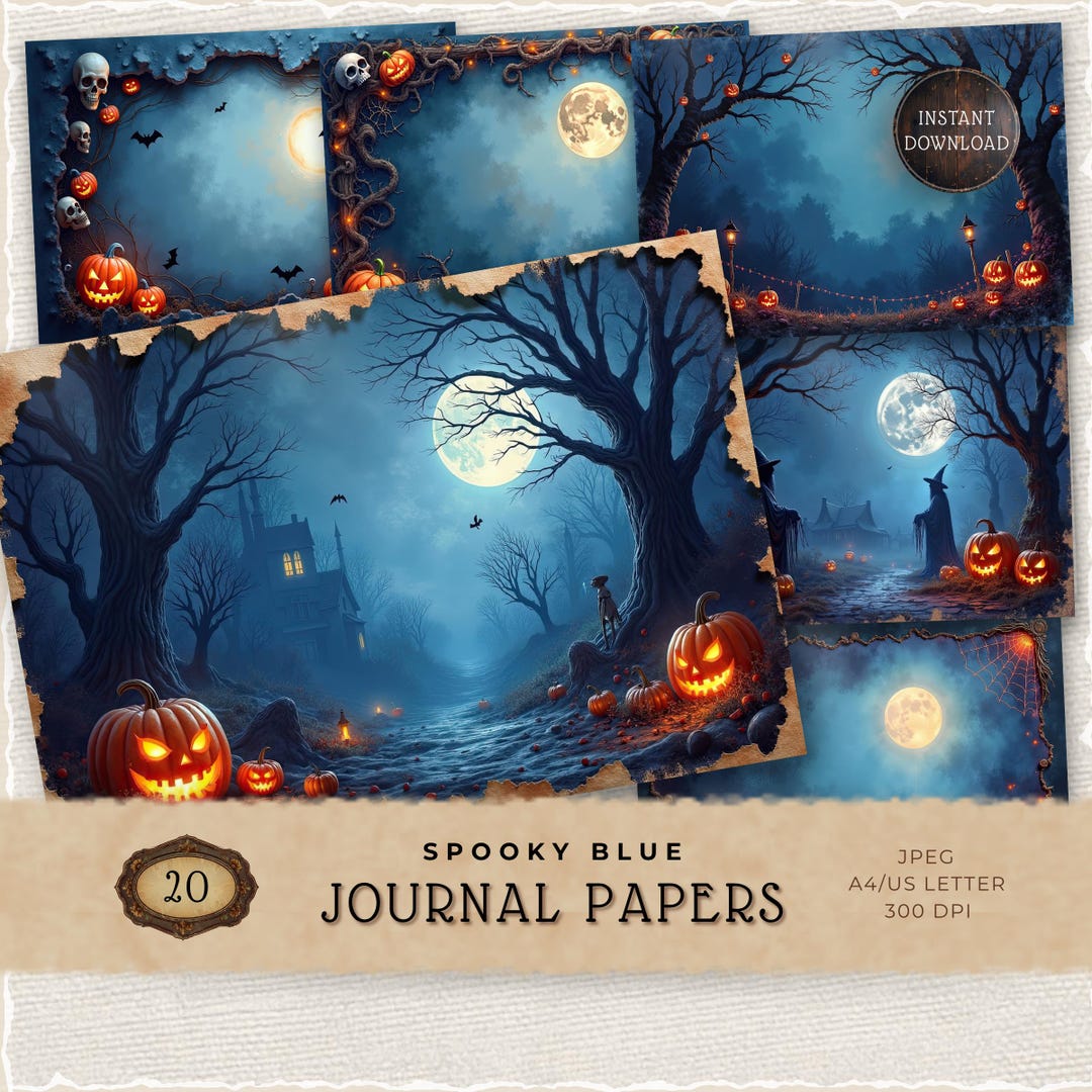 Blue Spooky Season Digital Scrapbook Paper, Junk Journal Pages ...