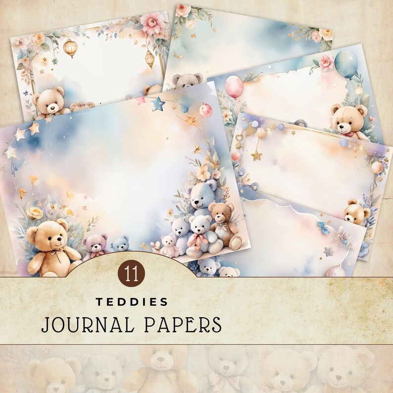 Teddy Bear Junk Journal Pages Digital Papers, Baby Shower Cardmaking ...