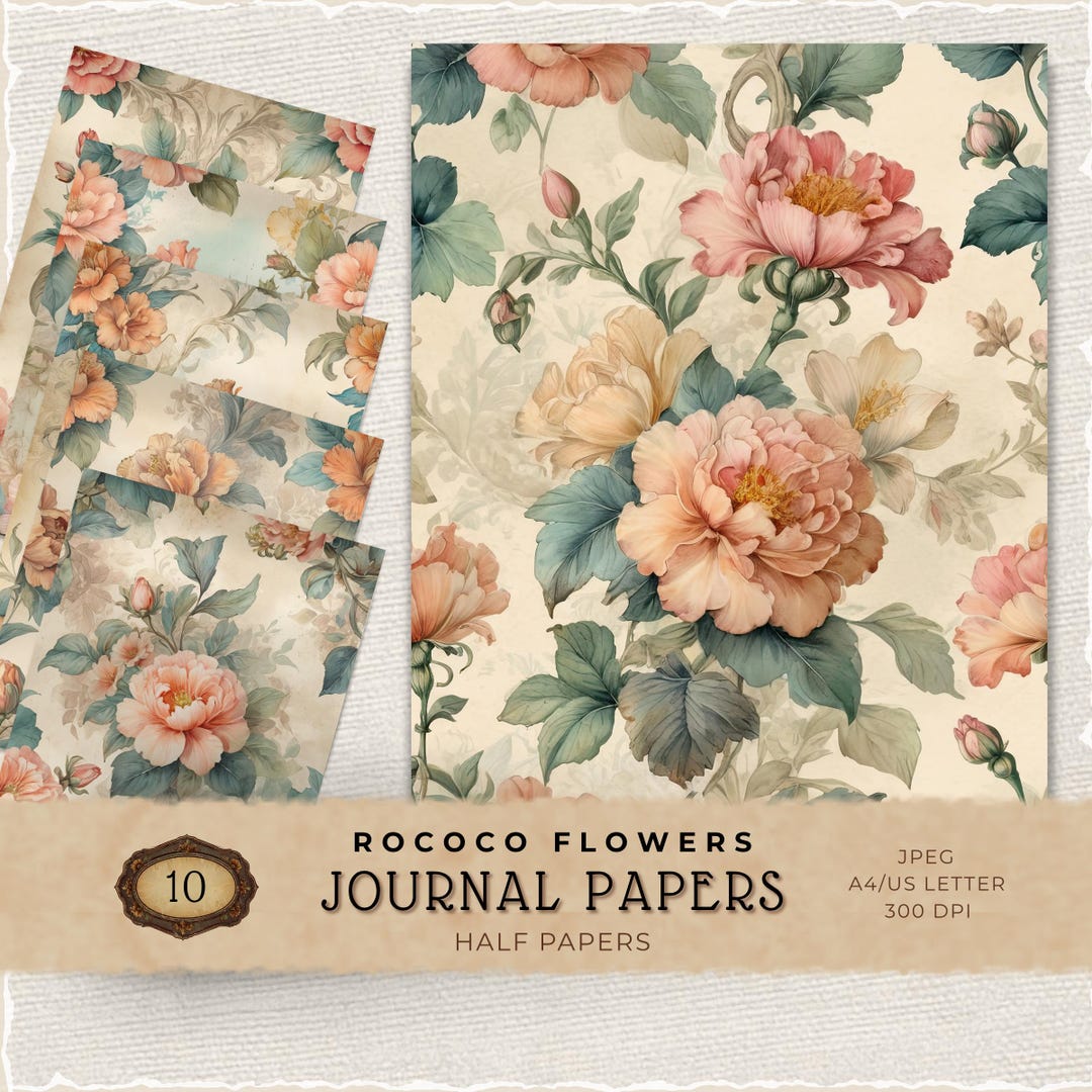 Rococo Flower Digital Papers Set, Vintage Junk Journal Pages, Muted ...
