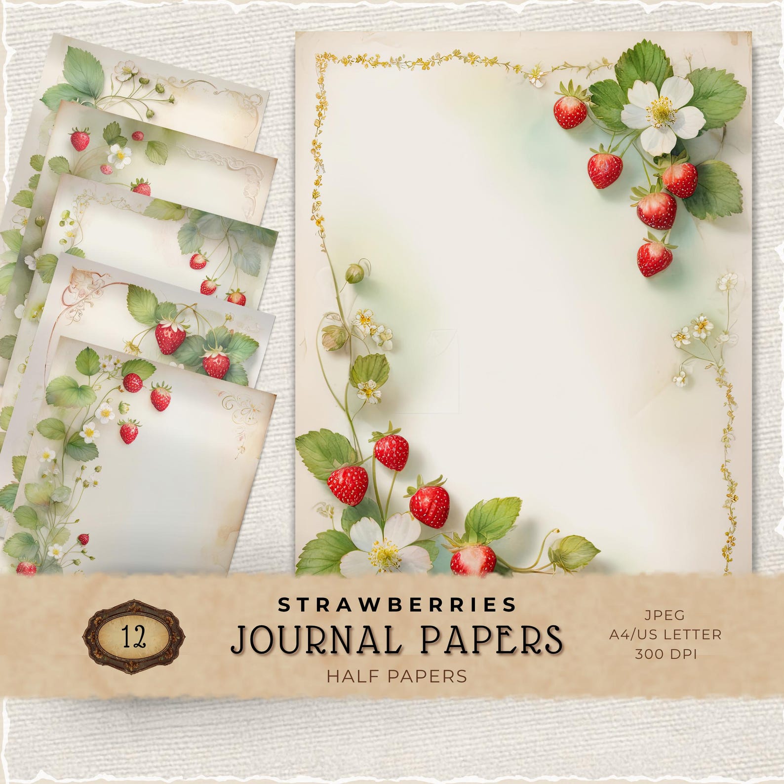 Wild Strawberry Digital Papers Set, Instant Download Junk Journal Pages ...