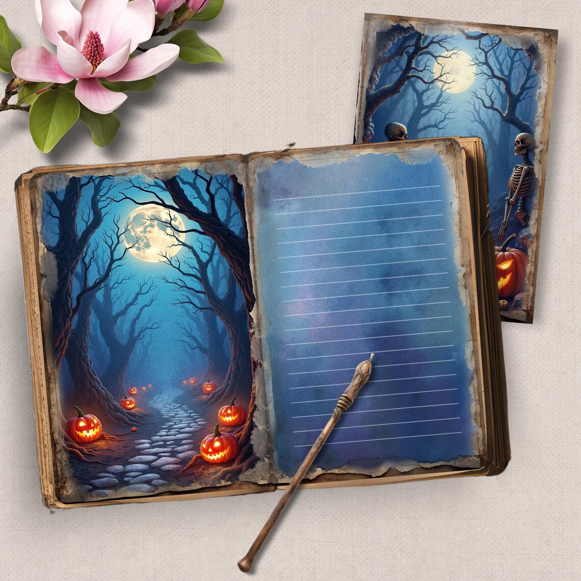 Lined Spooky Blue Scrapbook Paper, Digital Papers, Halloween Papers ...