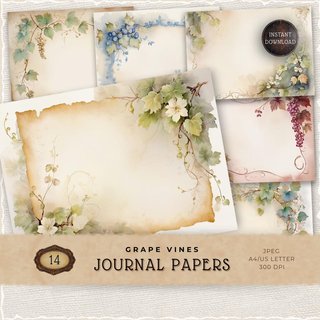 Watercolor Grapevine Digital Papers Set, Junk Journal Pages, Vine Decor ...