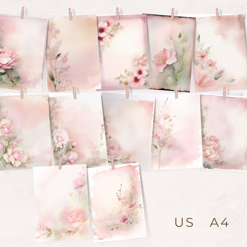 Decorative Pink Floral Digital Paper Pack, Vintage Junk Journal Pages ...