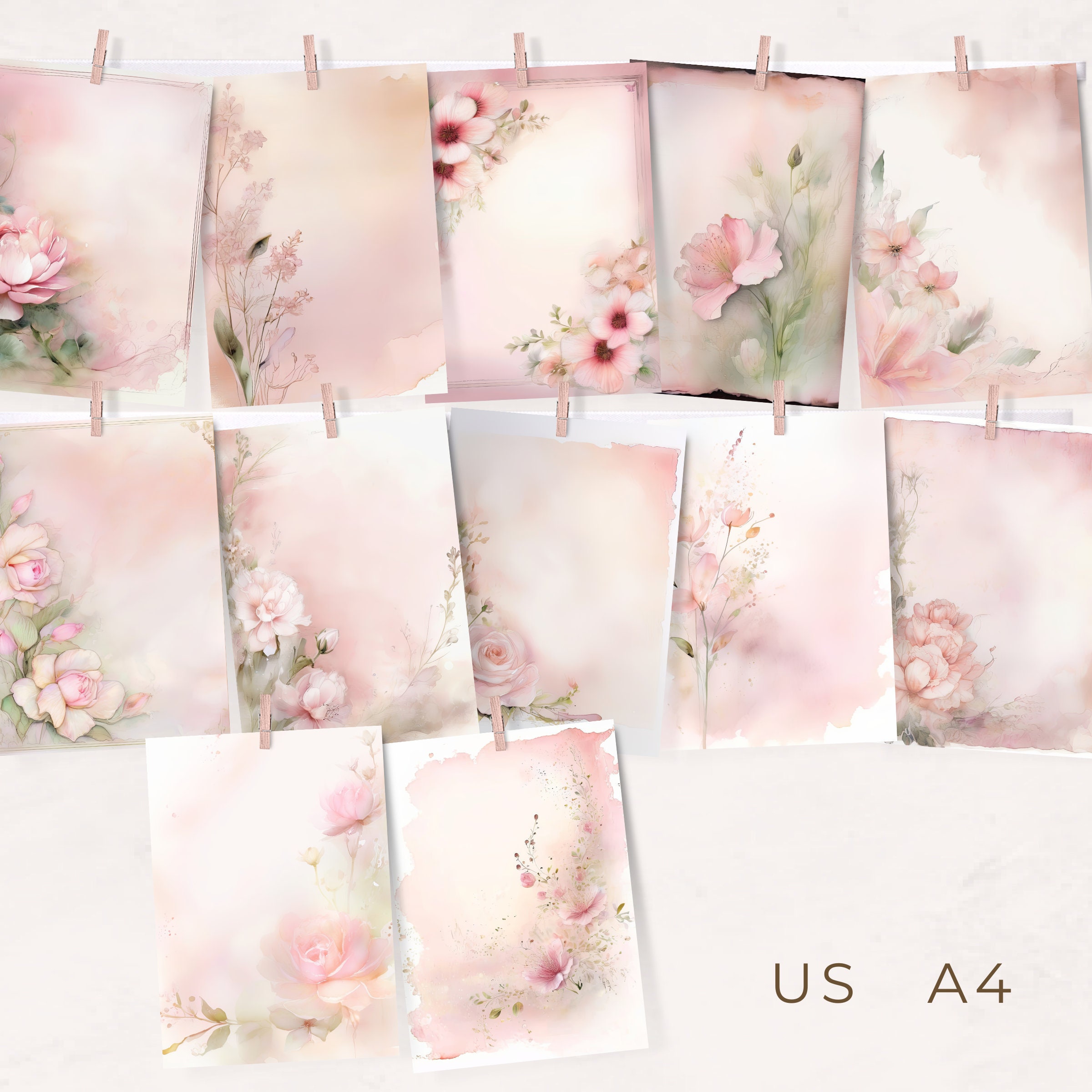 Decorative Pink Floral Digital Paper Pack, Vintage Junk Journal Pages ...