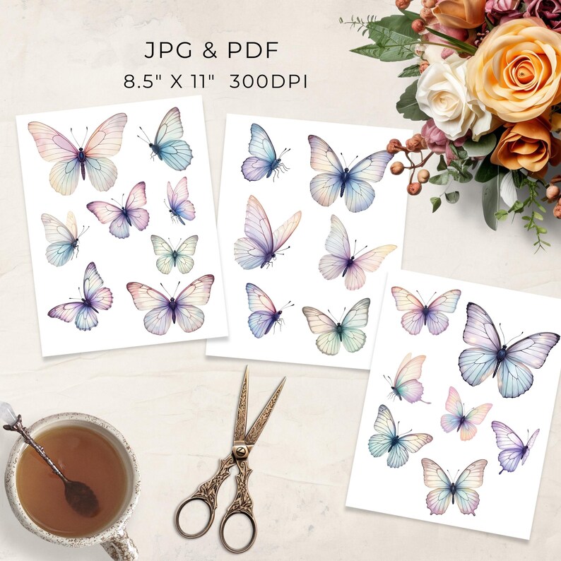 Pastel Butterfly Fussy Cuts, Vintage Watercolor Printable Ephemera for ...