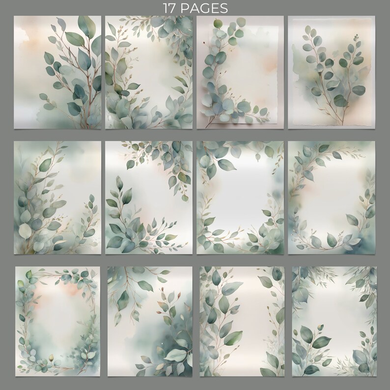 Eucalyptus Digital Paper Pack, Instant Download, Watercolor Botanical ...