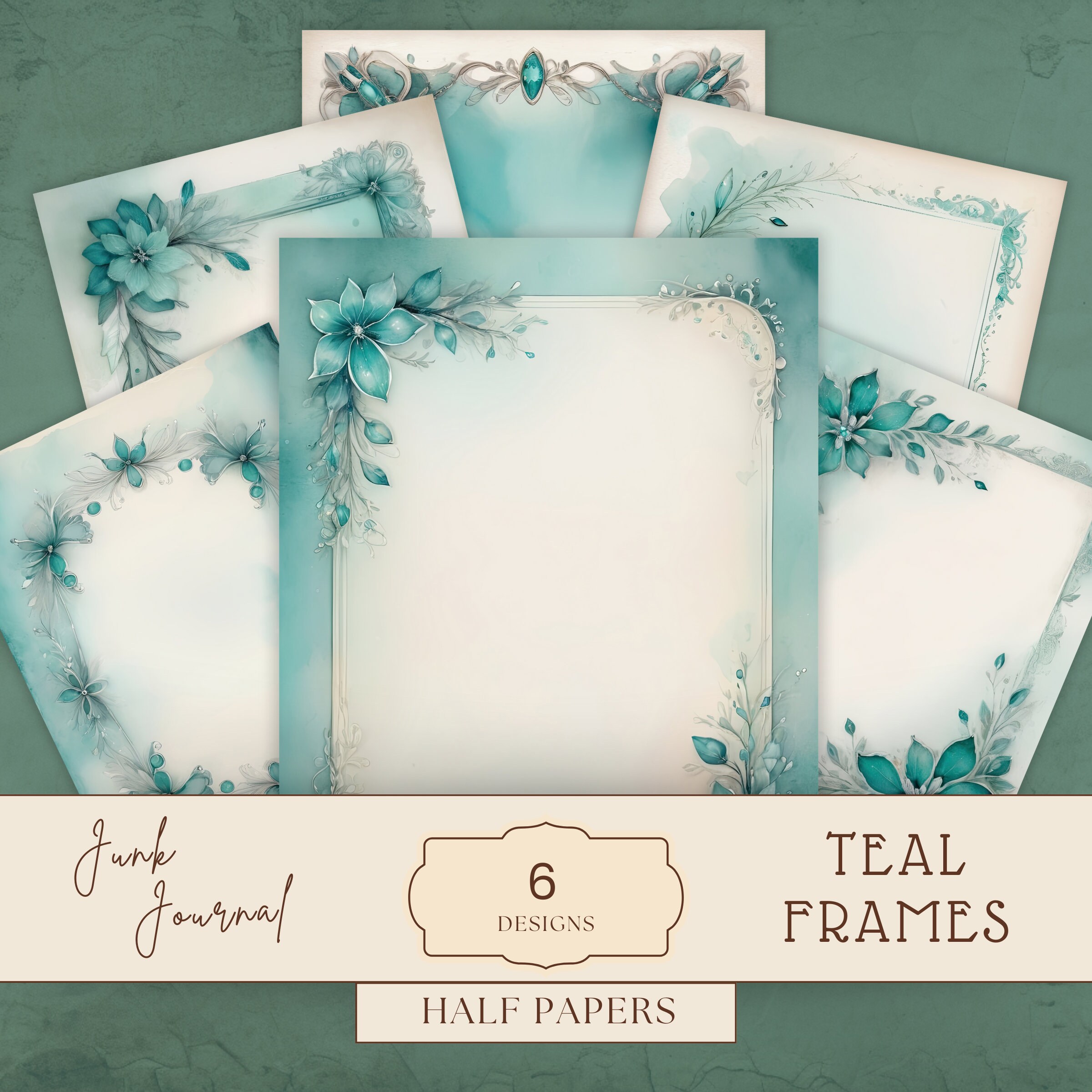 Teal Frame Background Digital Paper Pack, Junk Journal Pages ...