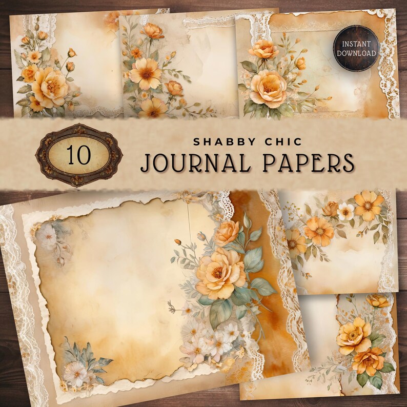 Amber Shabby Chic Digital Papers, Floral Junk Journal Pages, Instant ...
