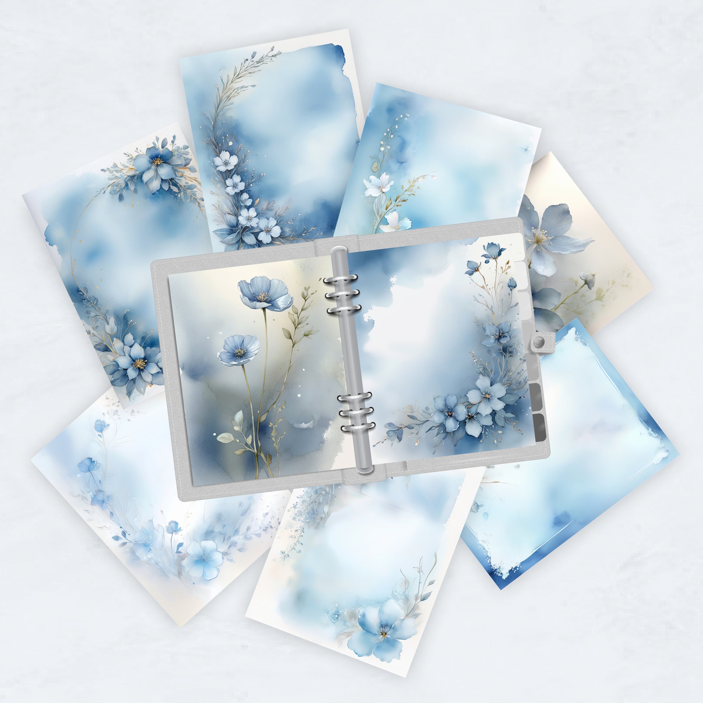 Blue Decorative Papers for Junk Journal, Vintage Floral Digital Paper ...