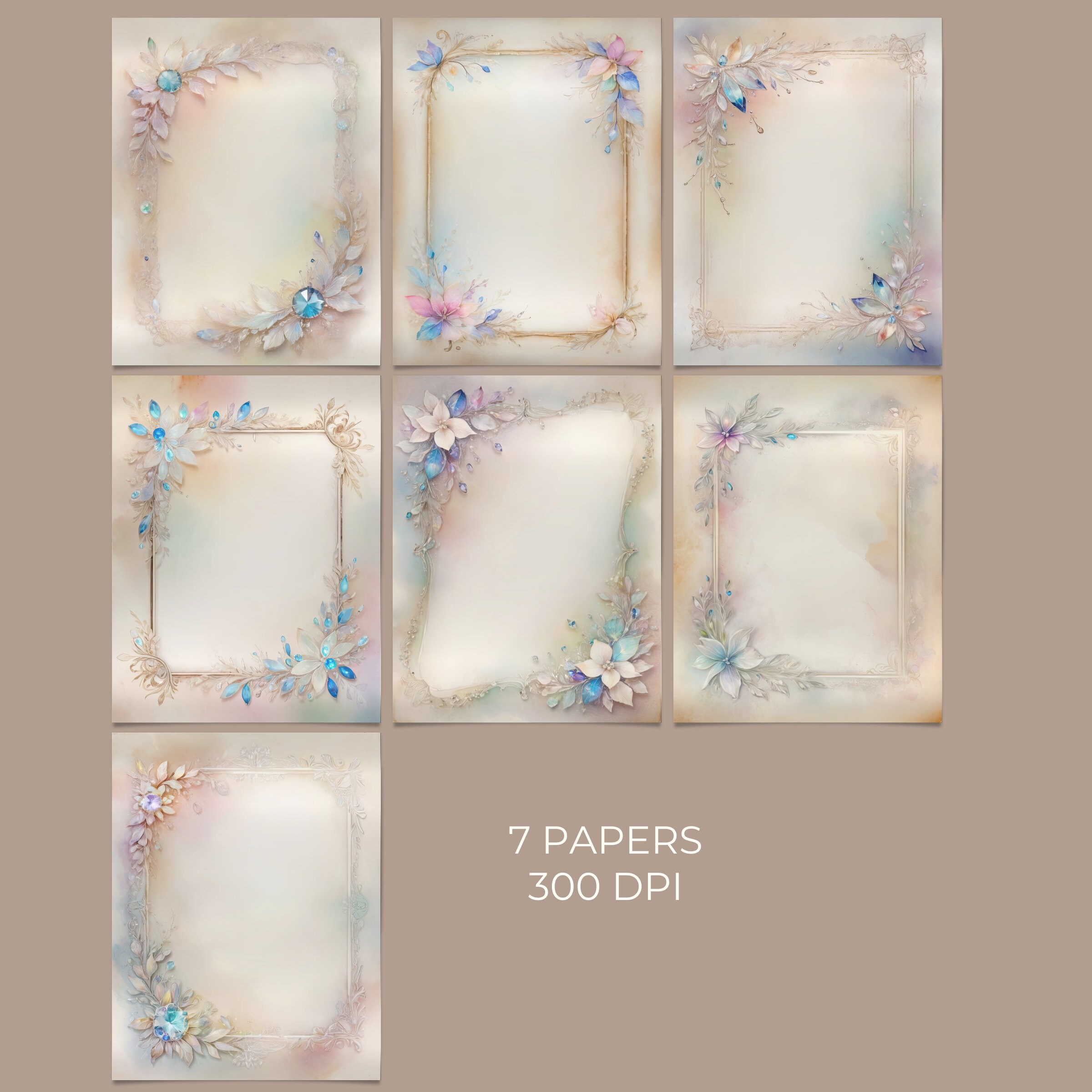 Crystal Flower Frame Papers Set, Digital Scrapbook Ephemera, Junk ...