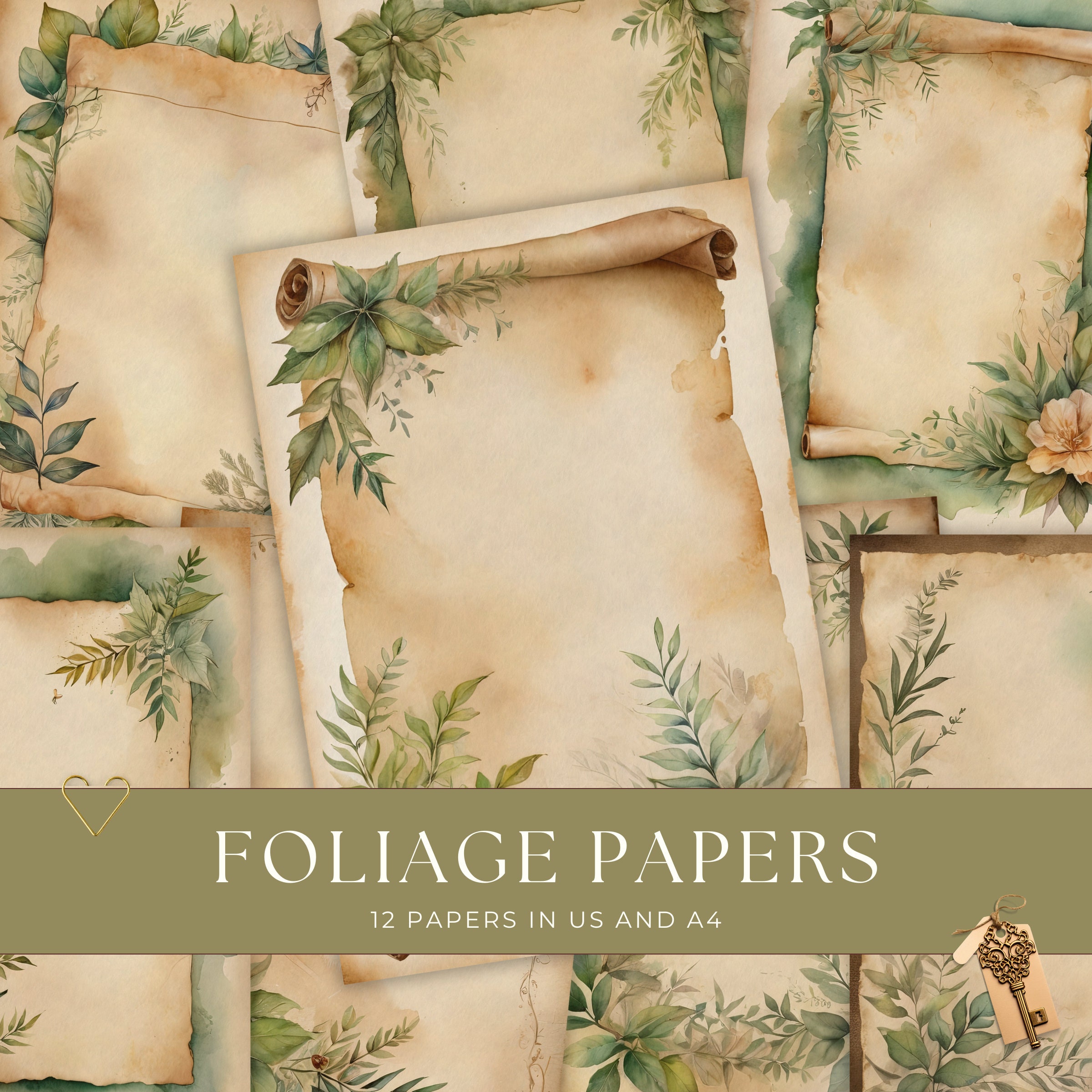Green Foliage Printable Paper Pack, Decorative Scrapbooking Paper ...