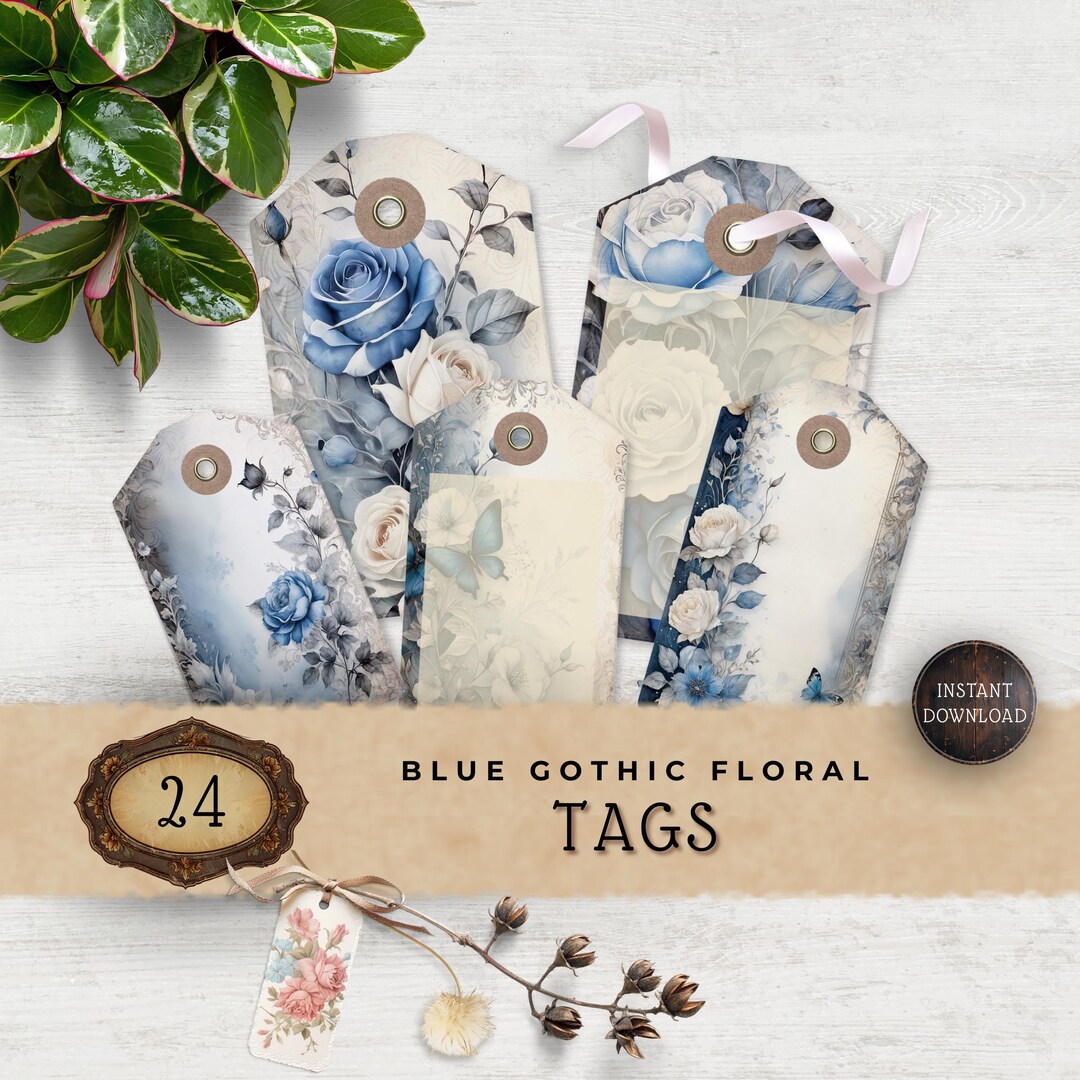 Printable Tags Blue Goth Florals, Junk Journal Tag, Scrapbook Ephemera ...