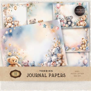 Teddy Bear Junk Journal Pages Digital Papers, Baby Shower Cardmaking ...