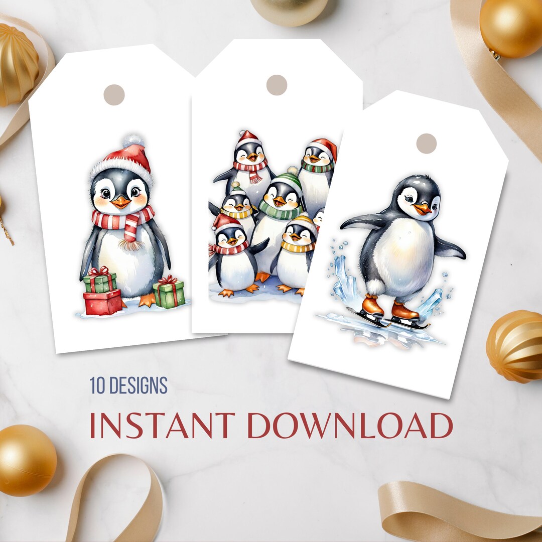 Printable Christmas Gift Tags, Cute Holiday Penguins, Winter Art Favor ...