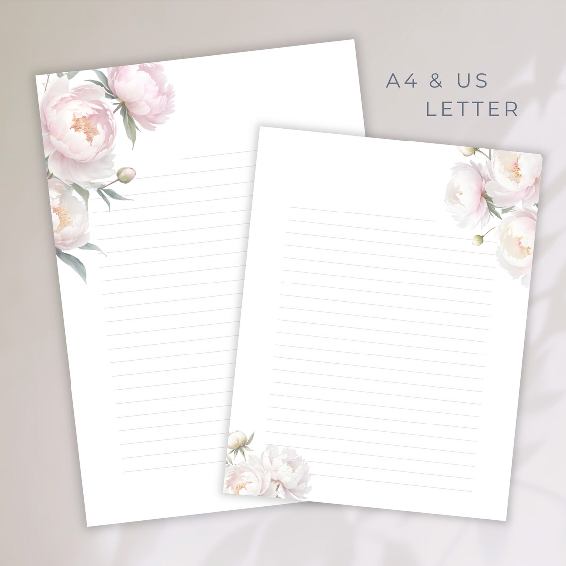 Peony Snail Mail Printable Writing Paper, Lined Stationery Paper, Pen ...