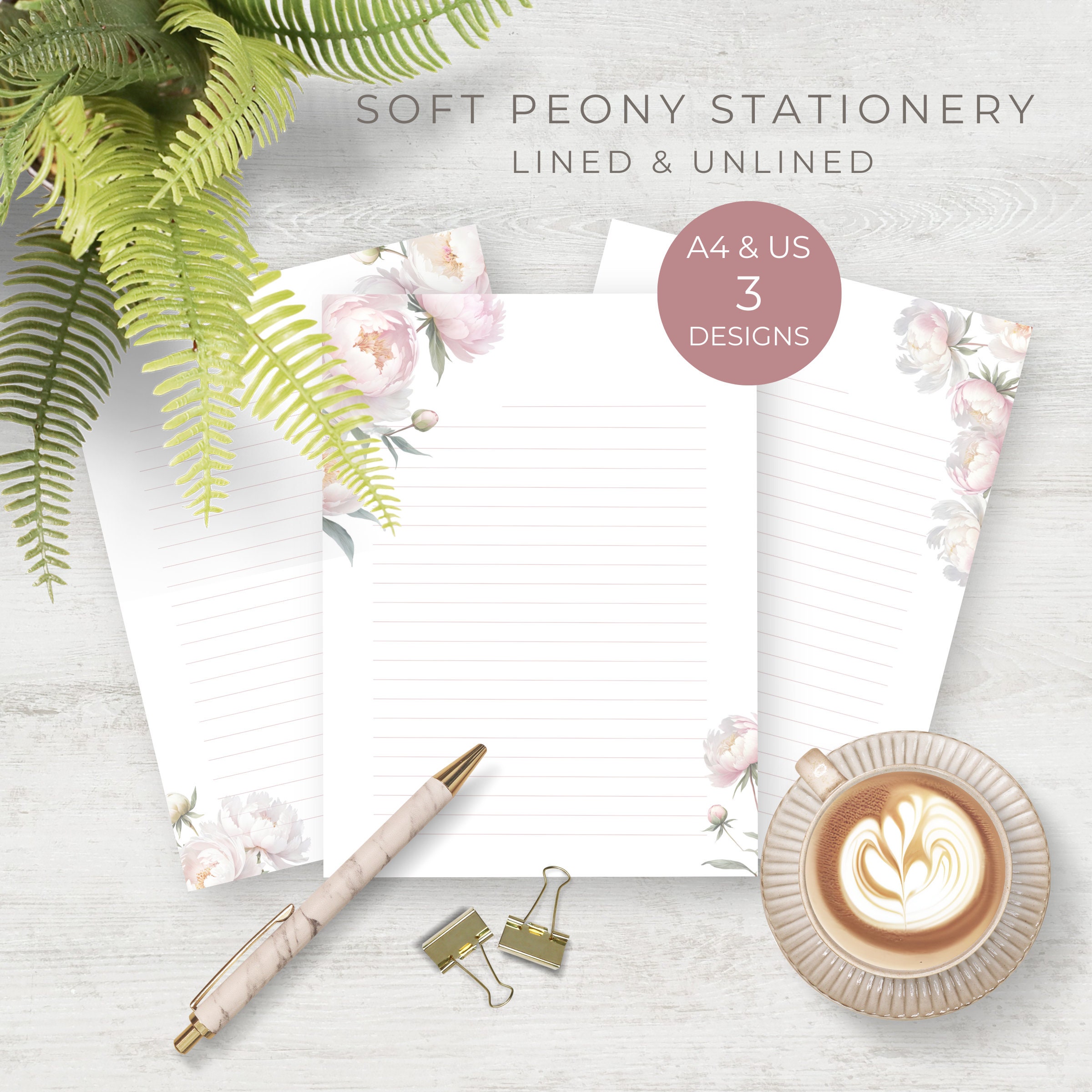 Peony Snail Mail Printable Writing Paper, Lined Stationery Paper, Pen ...