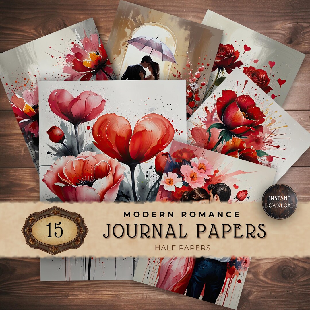 Modern Romance Digital Paper Set: Valentine Scrapbook, Junk Journal ...