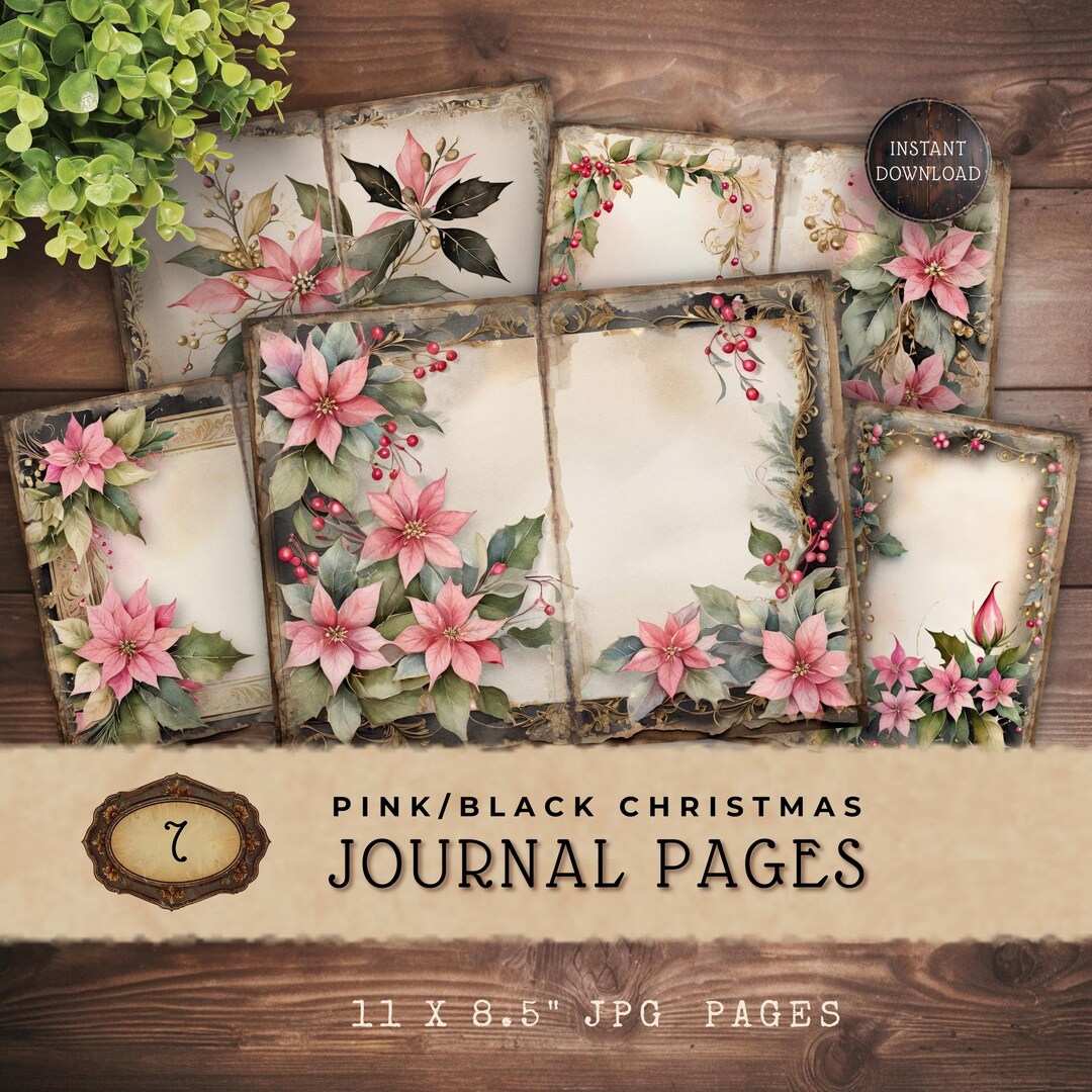 Pink Christmas Flower Pages, Digital Paper, Scrapbook Paper, Poinsettia ...