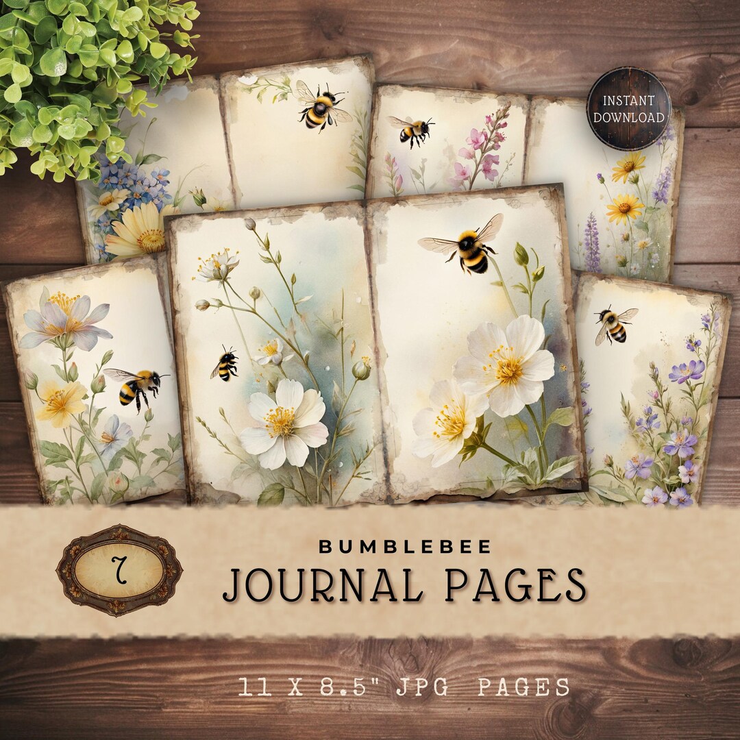 Vintage Bumblebee Journal Pages, Bee Scrapbook Printable Digital Paper ...