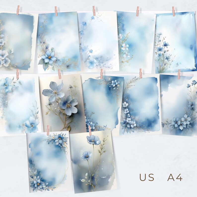Blue Decorative Papers for Junk Journal, Vintage Floral Digital Paper ...
