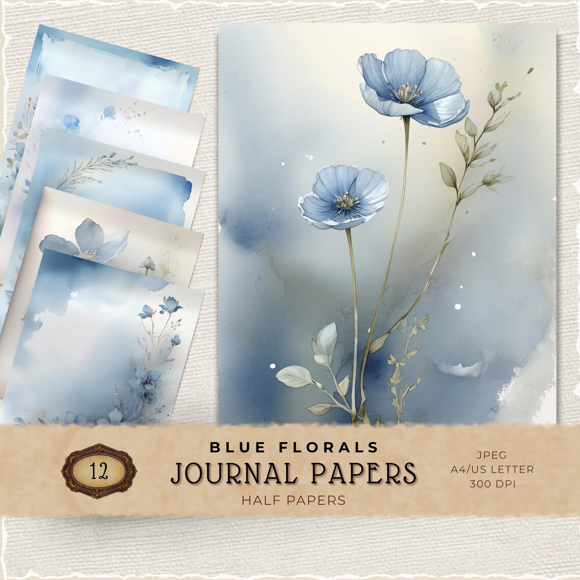 Blue Decorative Papers for Junk Journal, Vintage Floral Digital Paper ...